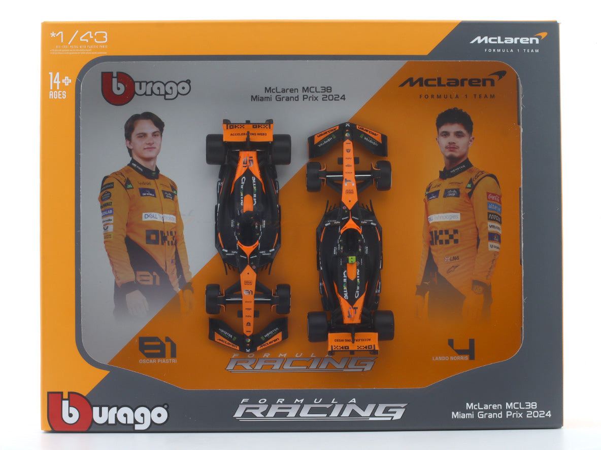 2024 McLaren MCL38 set of 2 cars 1:43 Bburago Formula 1 diecast scale ...