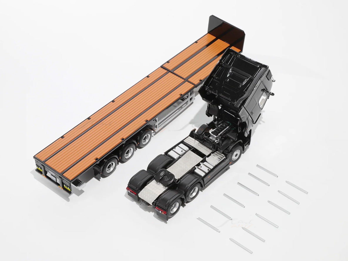 Mercedes-Benz Actros 3-Axle Tractor with Retractable Trailer Black 1:64 ...